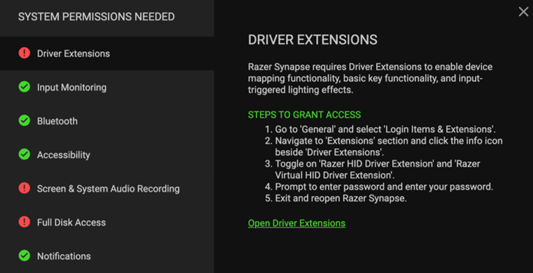 How to enable system permissions for Razer Synapse for Mac