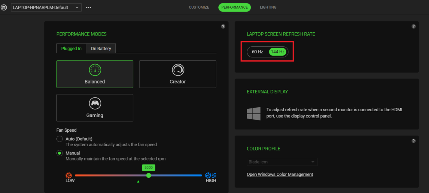 How to adjust or change the display refresh rate on a Razer Blade